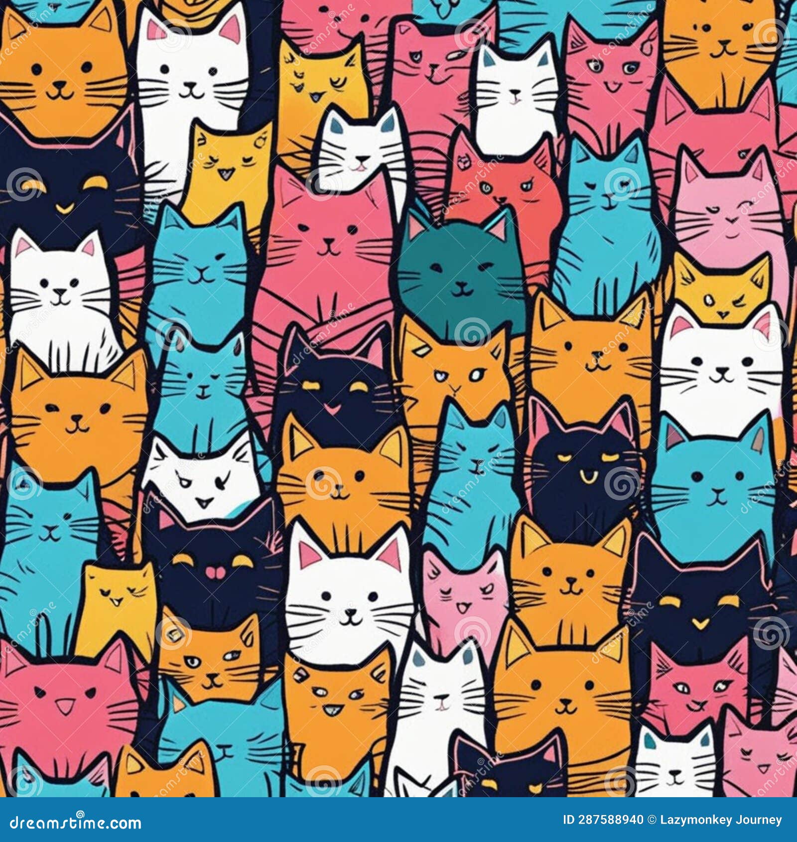 Colorful Cute Kitty Cats Doodle Pattern Stock Illustration ...