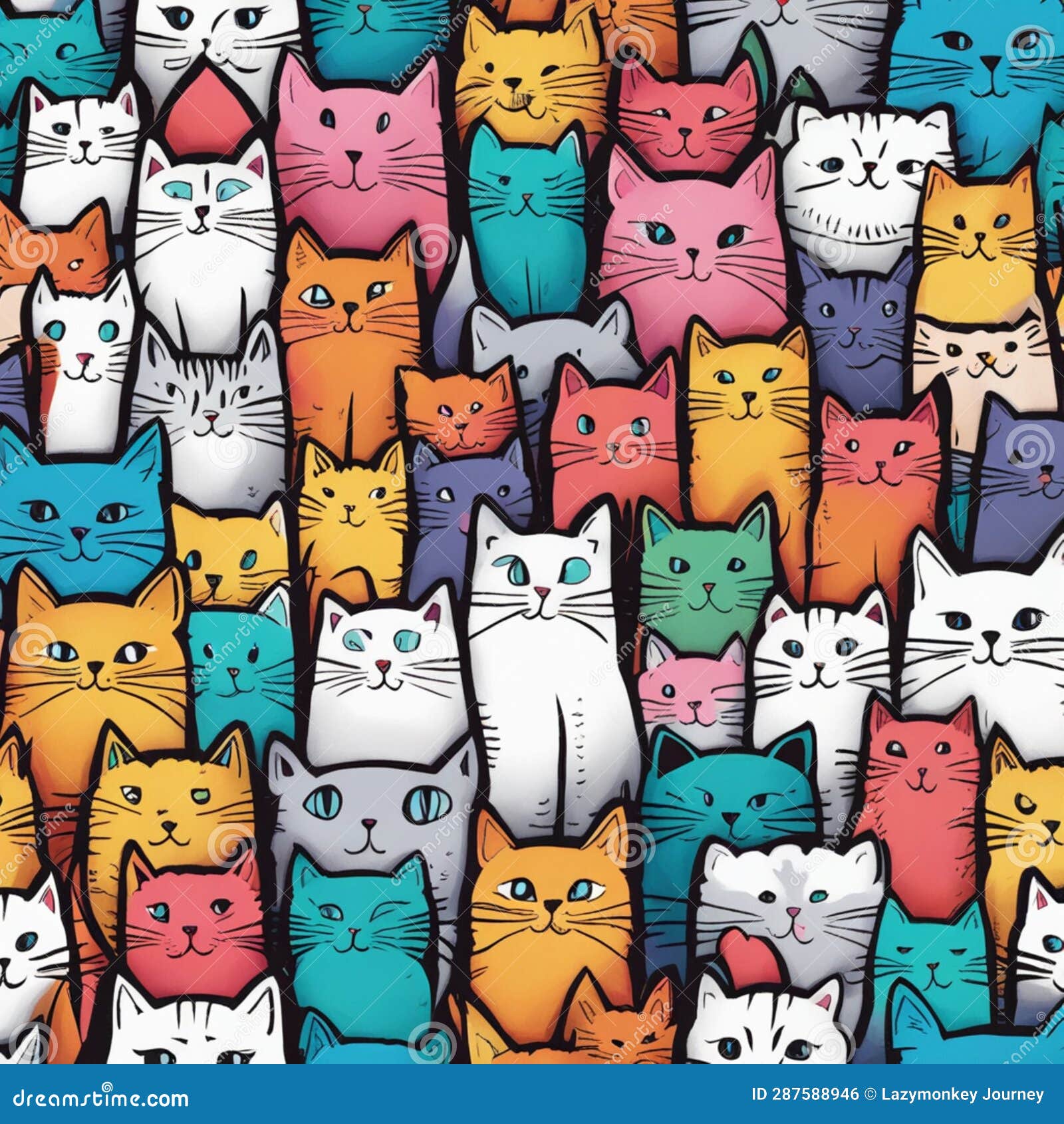 Colorful Cute Kitty Cats Doodle Pattern2 Stock Illustration ...