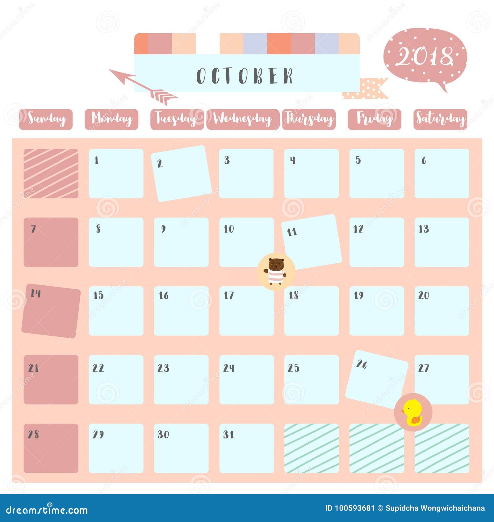 Colorful Cute October 2018 Calendar with Duck Stock Vector ...