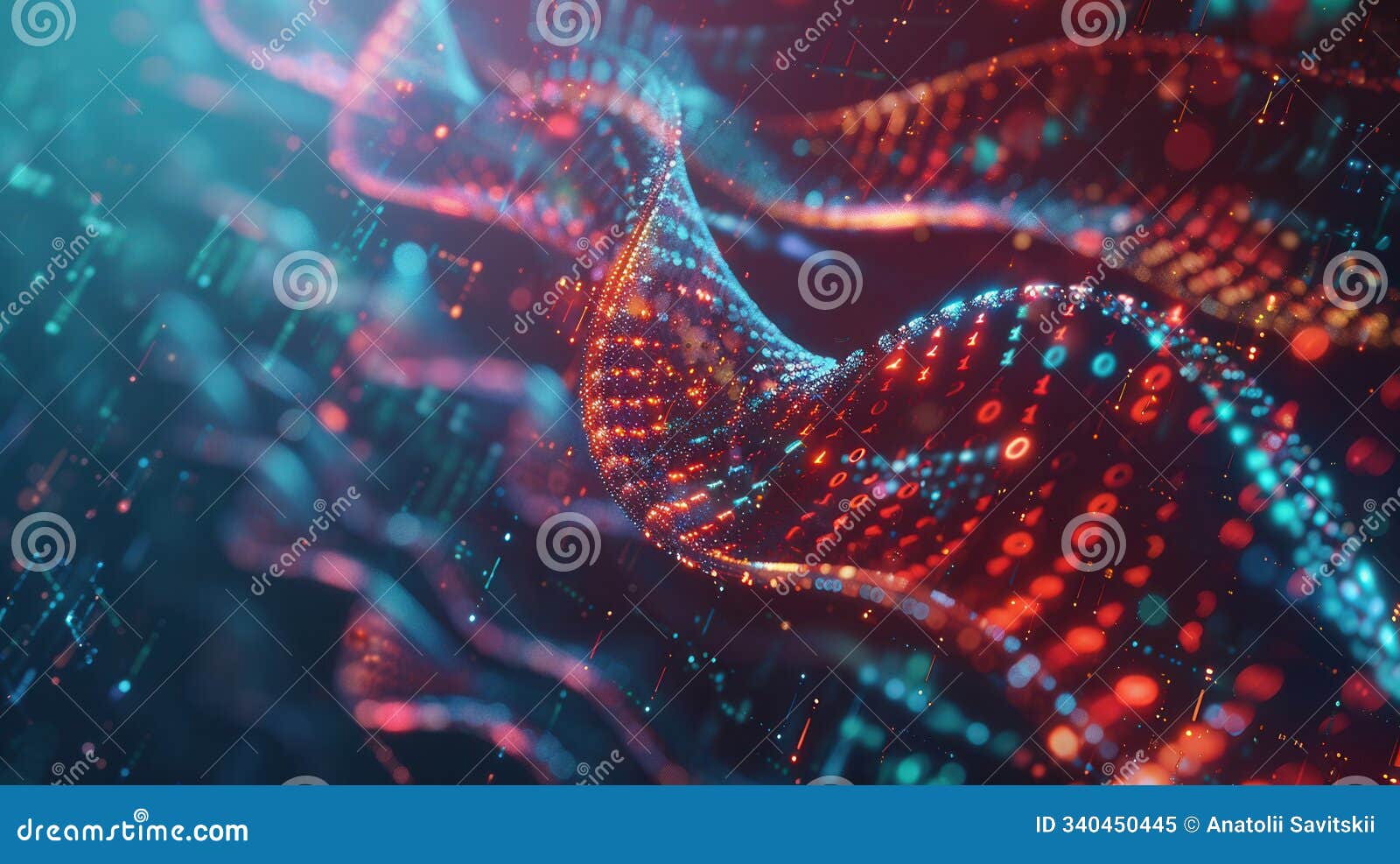 A Colorful 3D DNA Strand Glows with Animated Binary Code and Digital ...