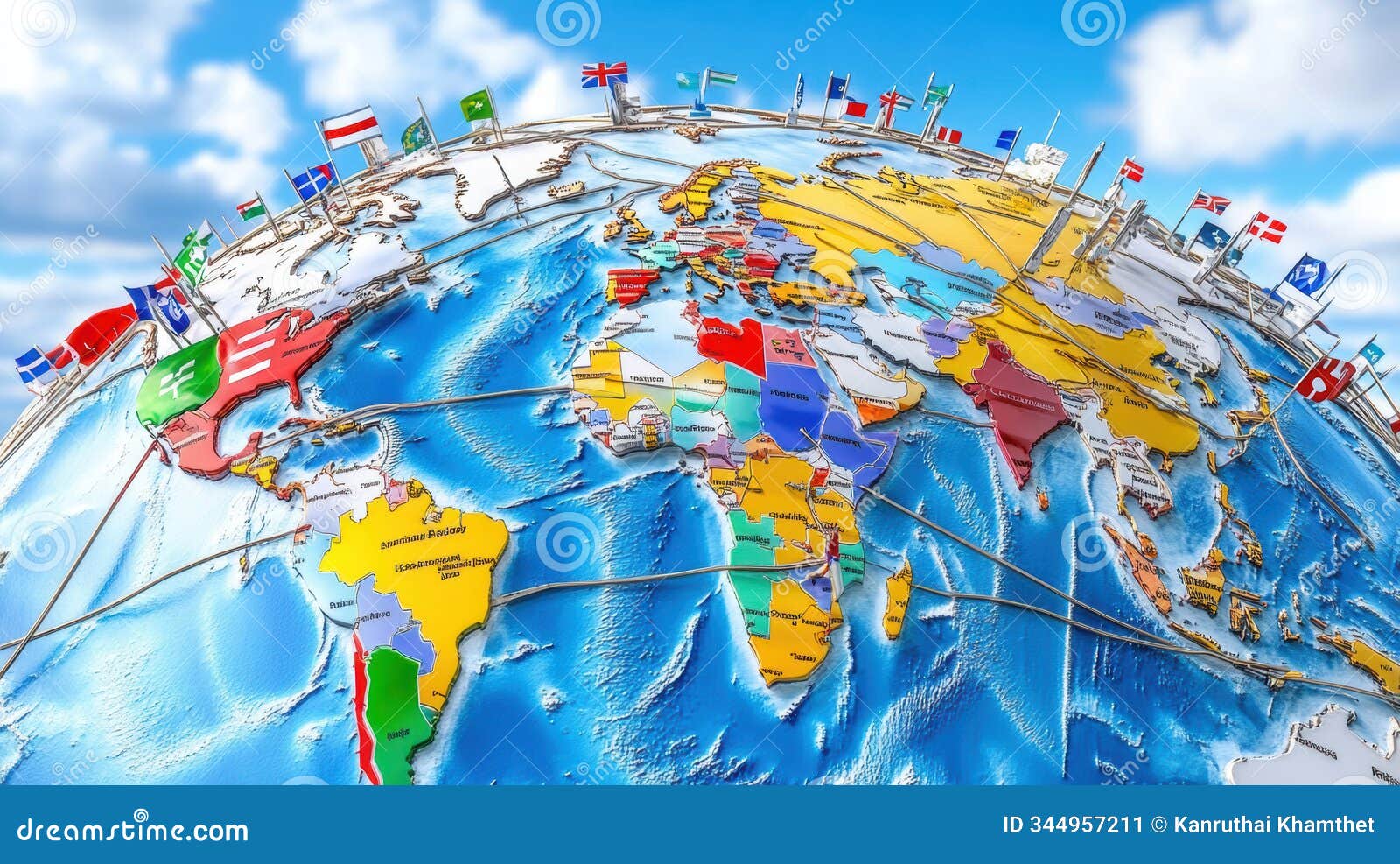 Colorful 3d Globe Word Map with Flag Stock Illustration - Illustration ...
