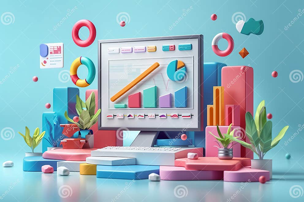 Colorful 3D Illustration of Computer Displaying Growth Chart and Data ...