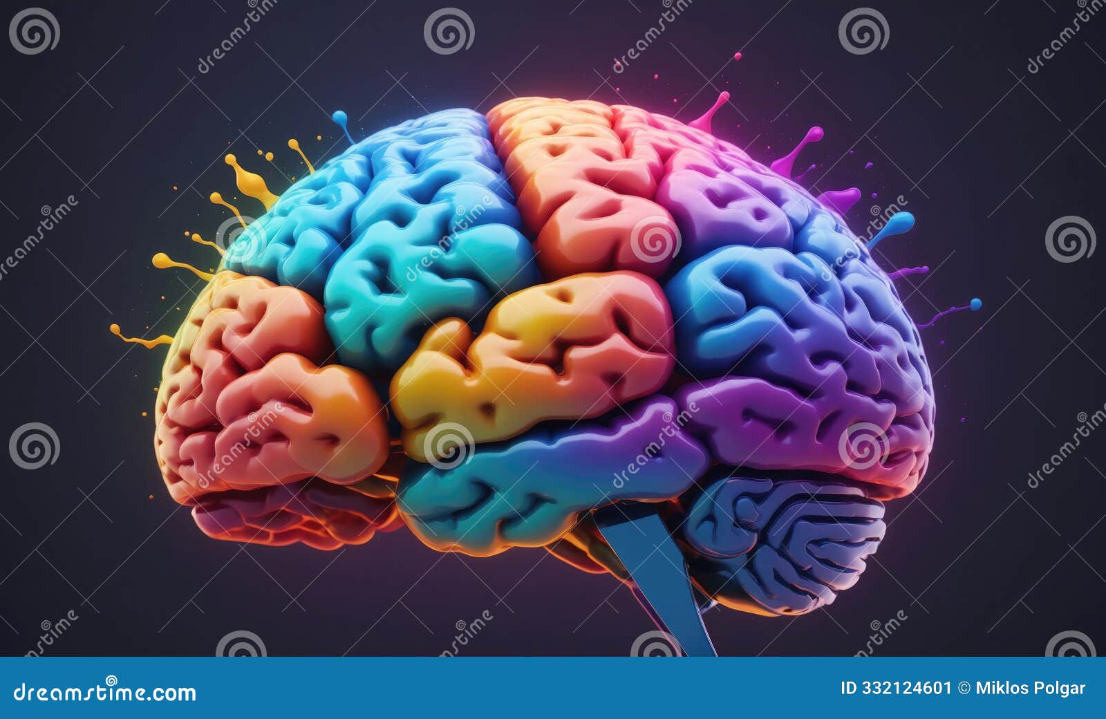 A Colorful, 3D Model of a Human Brain with Paint Splattering from it ...