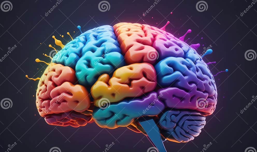 A Colorful, 3D Model of a Human Brain with Paint Splattering from it ...