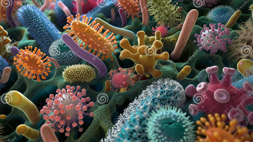 Colorful 3D Rendered Microbial Ecosystem with Diverse Microorganisms ...