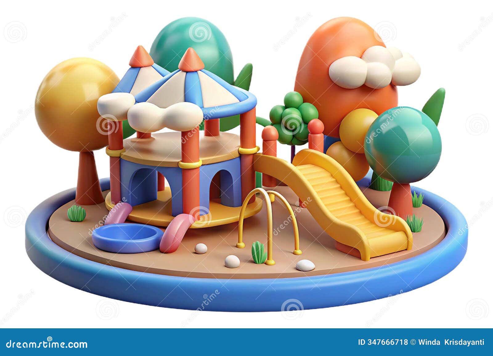 Colorful 3D Rendered Playground Scene with Slides, Pavilion, and Trees ...