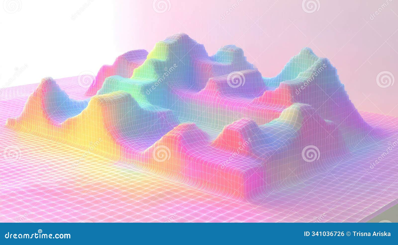 A Colorful 3D Representation of Mountainous Terrain with a Grid Overlay ...