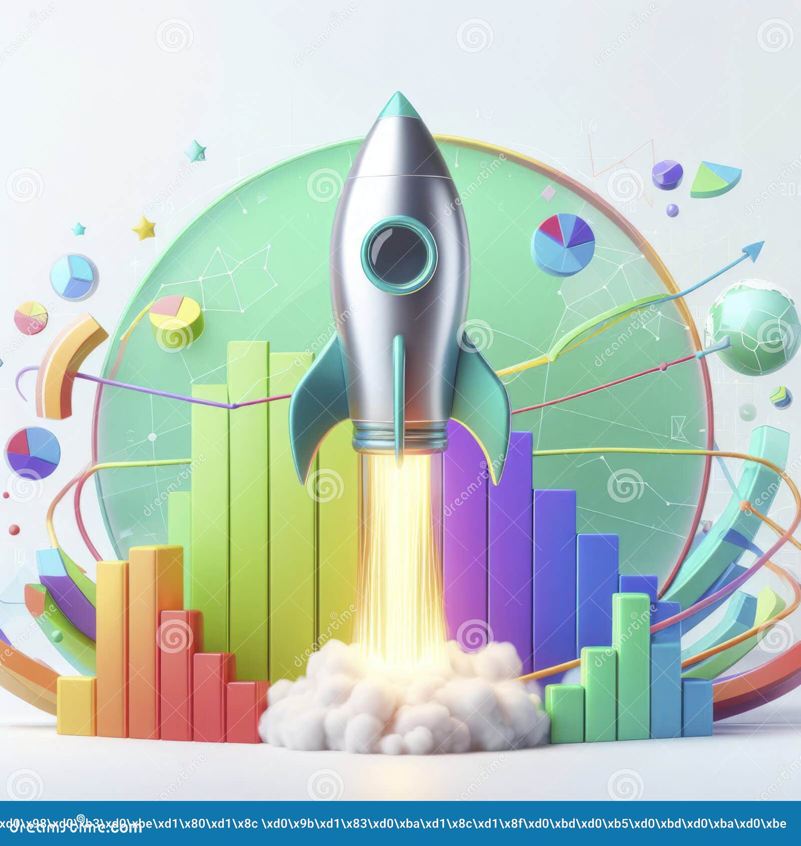 Colorful 3d Rocket Taking Off and Green Bar Graphs, Successful Startup ...