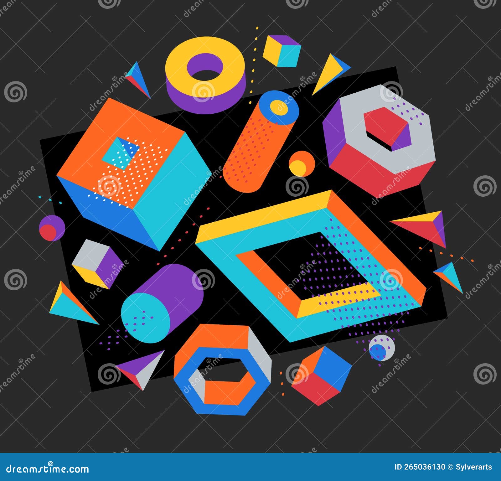 Colorful 3D Shapes Vector Composition on Dark Background, Bright ...