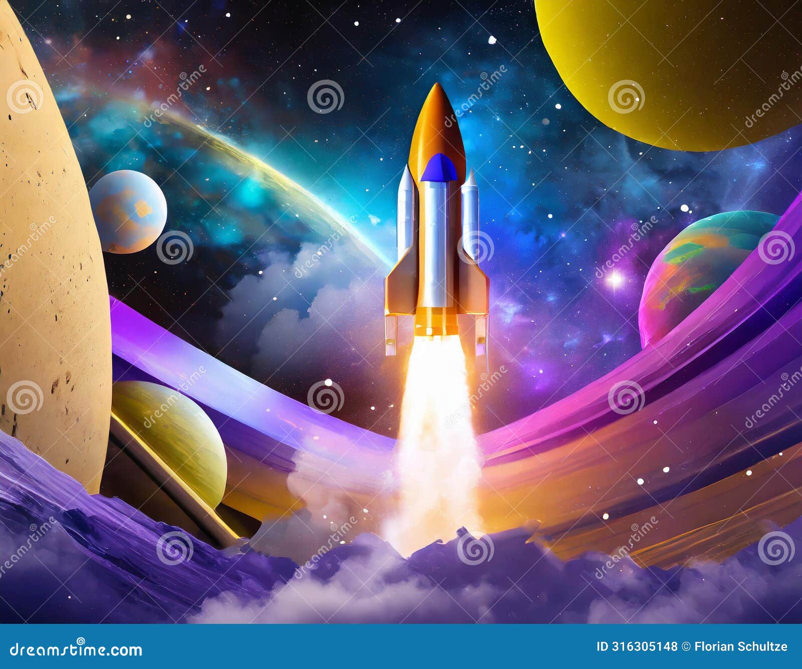Colorful 3D Space Scene with Abstract Dimensions and Rocket Stock ...