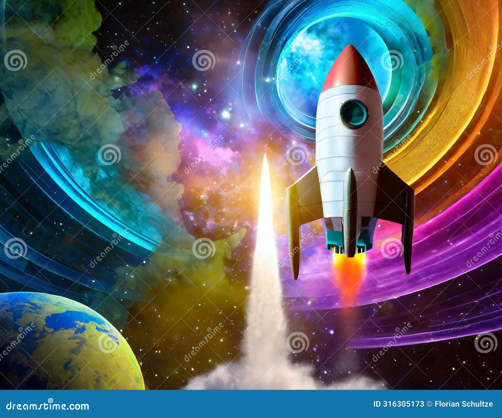 Colorful 3D Space Scene with Abstract Dimensions and Rocket Stock ...
