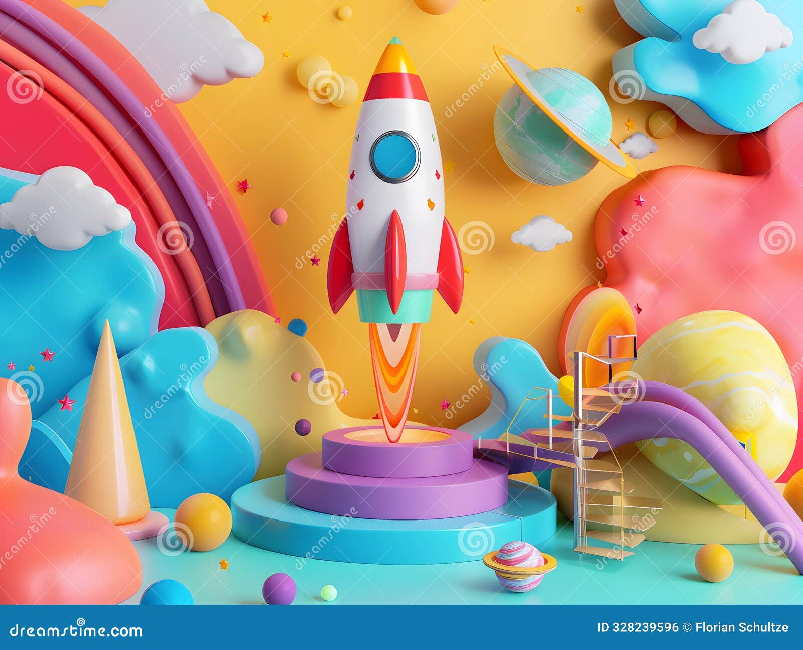 Colorful 3D Space Scene with Abstract Dimensions and Rocket Stock ...