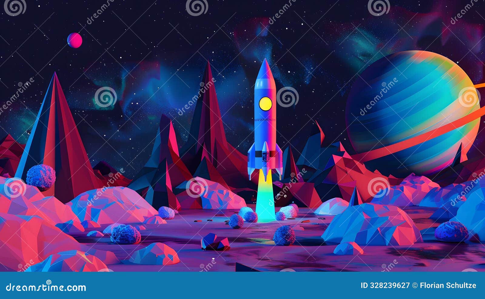 Colorful 3D Space Scene with Abstract Dimensions and Rocket Stock ...