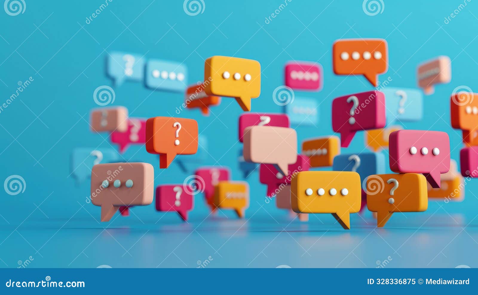 Colorful 3D Speech Bubbles with Question Marks on a Blue Background ...