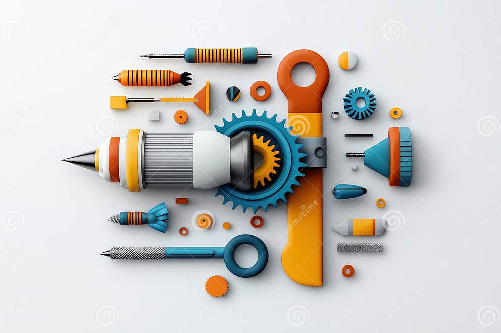Colorful 3D Tool Arrangement on White Background Stock Illustration ...