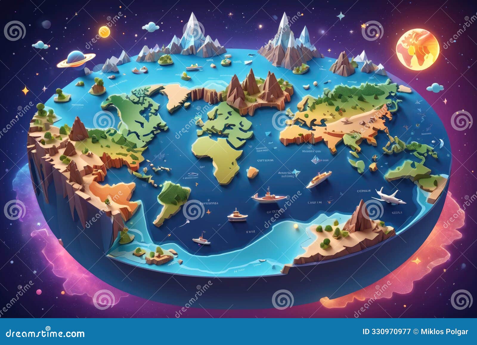 Colorful 3D World Map Displaying Continents, Oceans, Mountains, and ...
