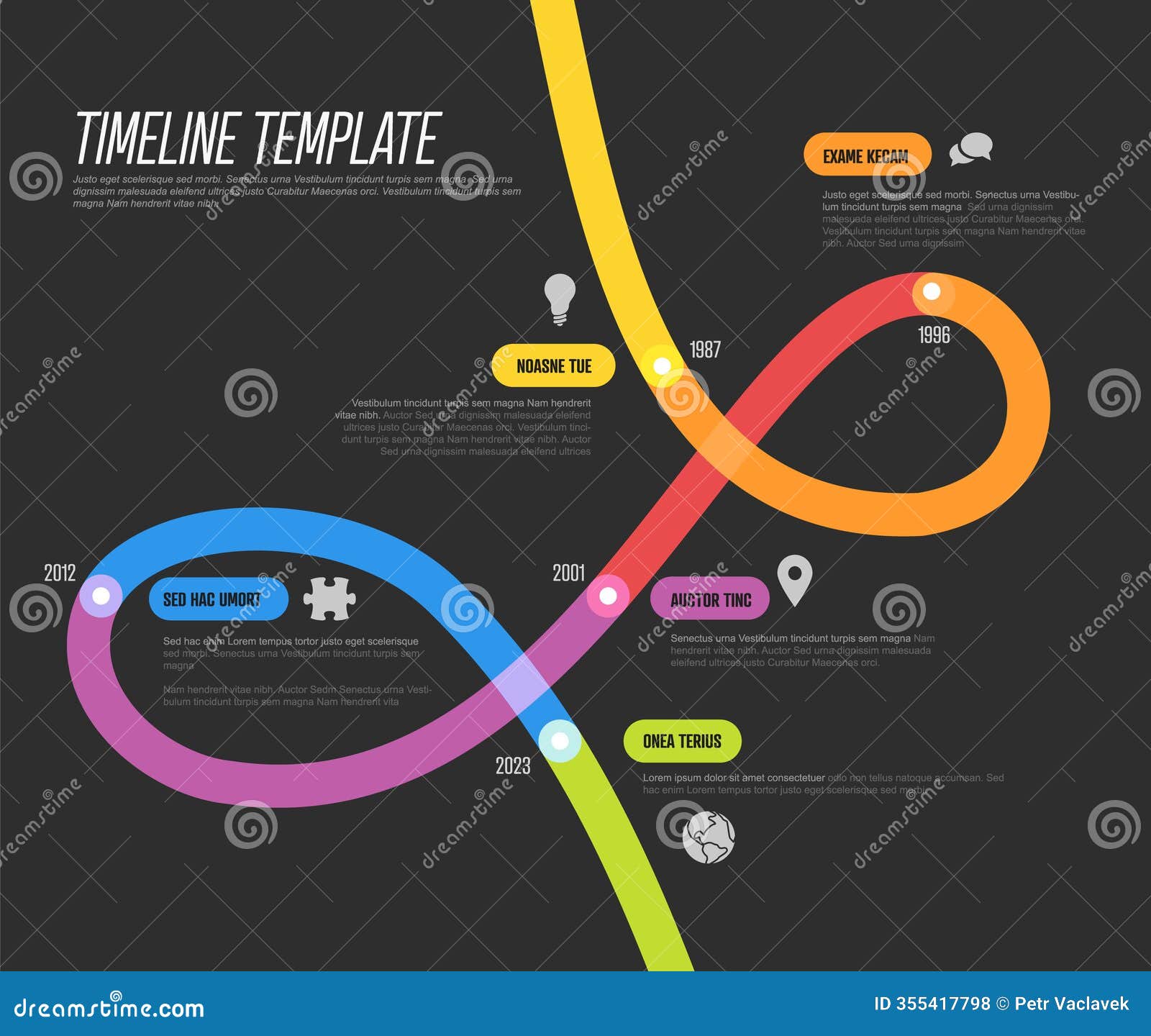 Colorful Dark Loop Timeline Template with 6 Dates Stock Illustration ...