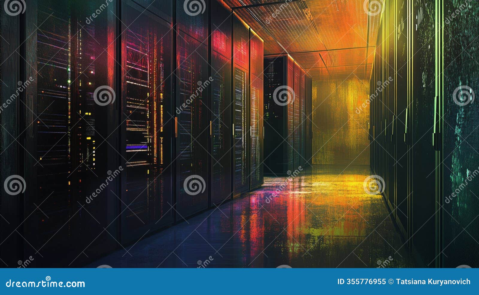 Colorful Data Center Corridor with Illuminated Server Racks and ...