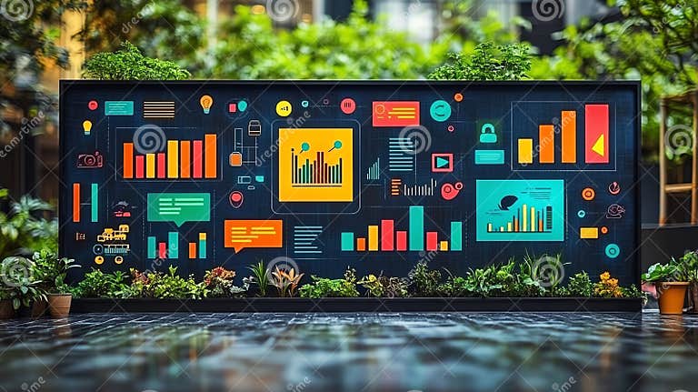 Colorful Data Visualization on an Outdoor Wall with Plants and Modern ...