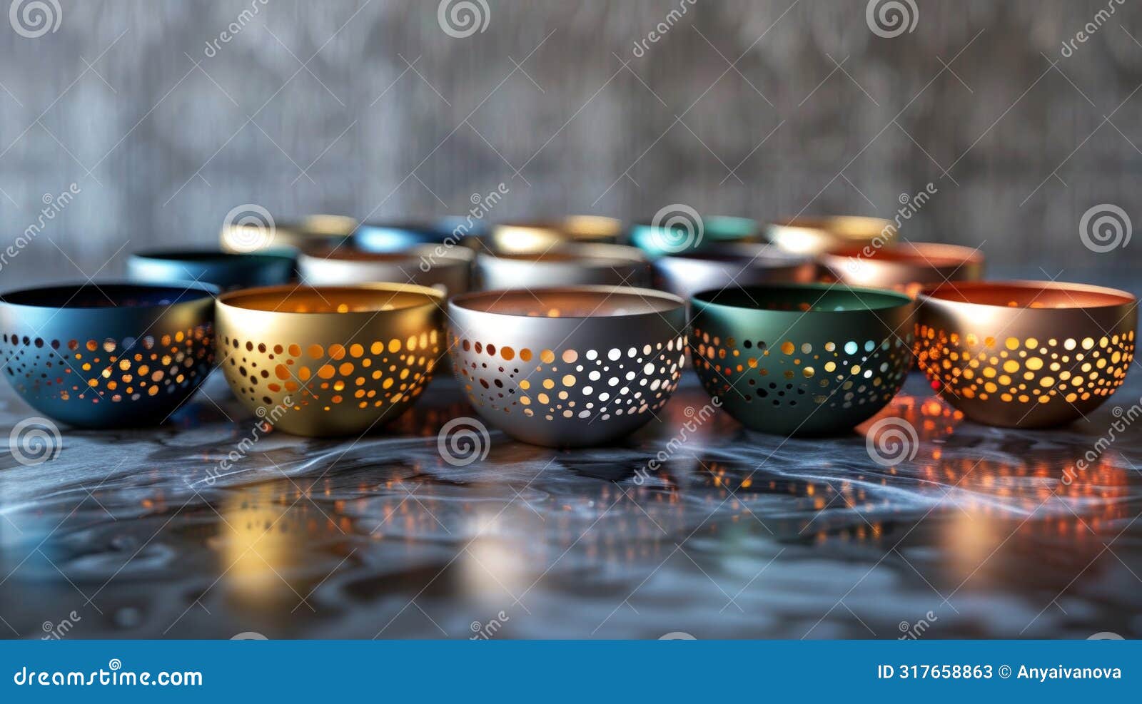 Colorful Decorative Bowls with Perforated Patterns on Reflective ...