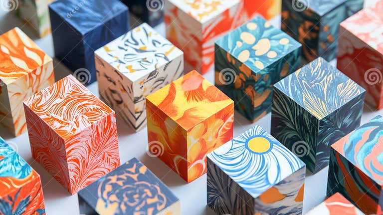Colorful Decorative Cubes Displayed on a Surface. Each Cube Features Vibrant Designs. Perfect ...