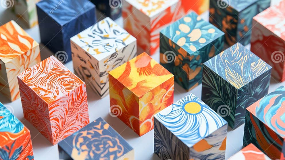 Colorful Decorative Cubes Displayed on a Surface. Each Cube Features ...