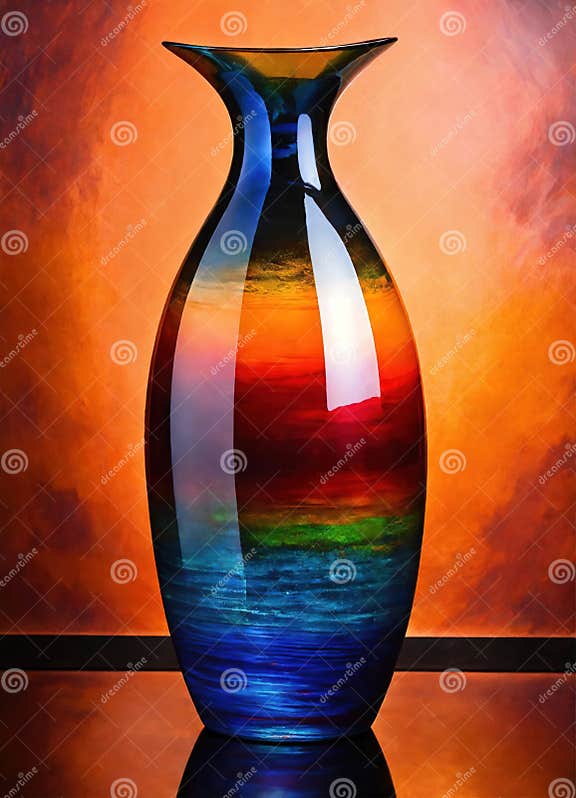 Colorful Decorative Glass Vase With Green And Blue Pattern On The Table Close Up Stock Image