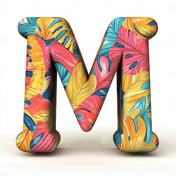 A Colorful, Decorative Letter "M" Featuring Vibrant Leaf Patterns Stock ...