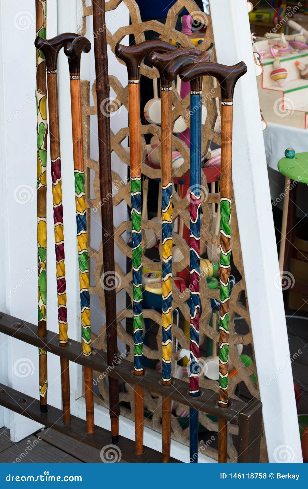 Colorful Decorative Wooden Walking Sticks on Display Stock Photo ...