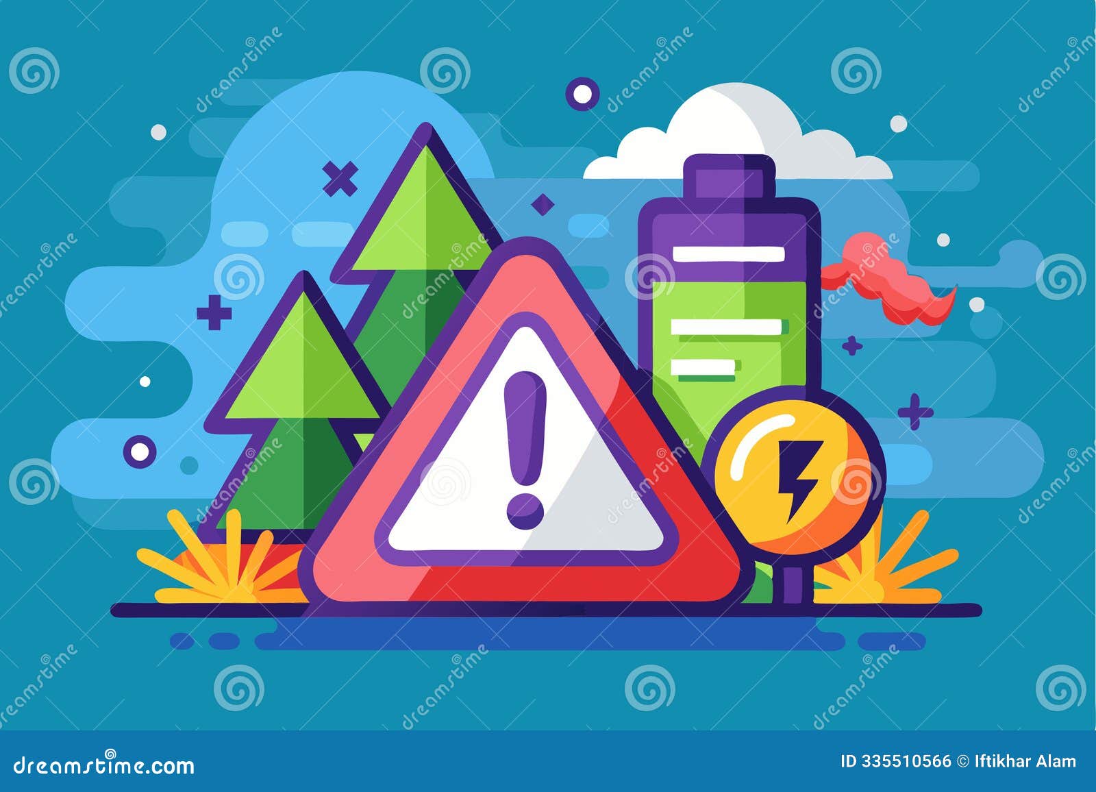 A Colorful Design Featuring a Warning Sign, Battery Icon, and Trees ...