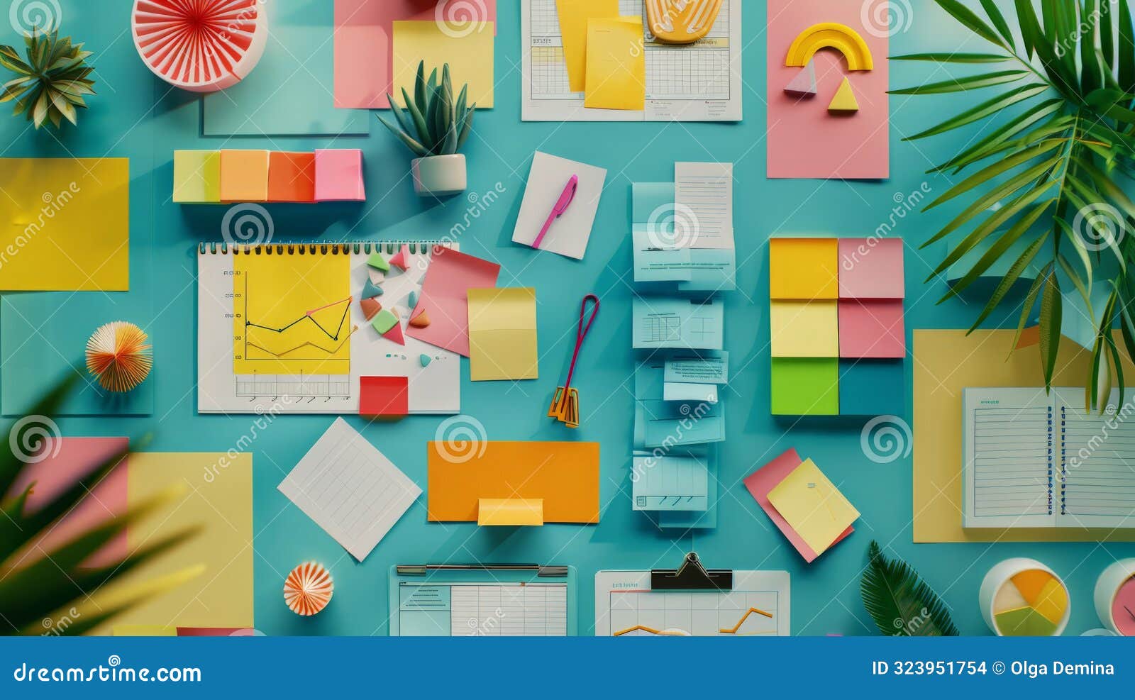 Colorful Desk Setup with Charts, Graphs, and Sticky Notes. Ideal for ...