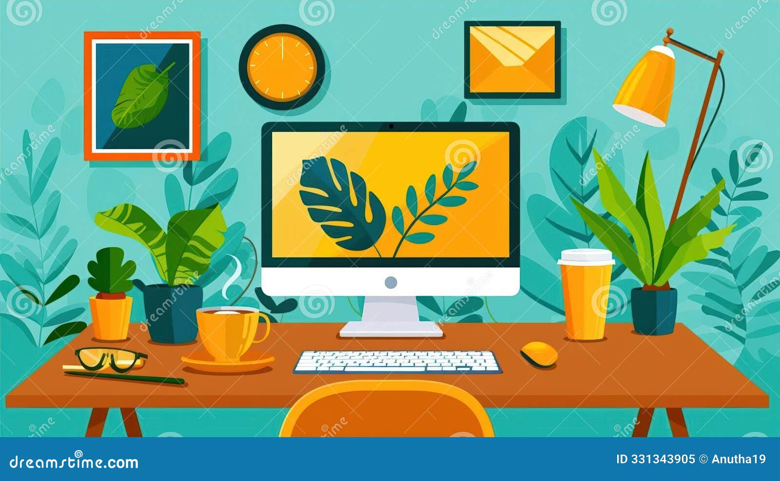 Colorful Desk Setup with Computer, Plants, Artwork, and Coffee ...