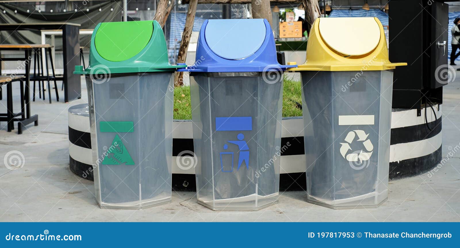 Colorful Different Types Of Bins In The Park. Symbol For Containers And ...