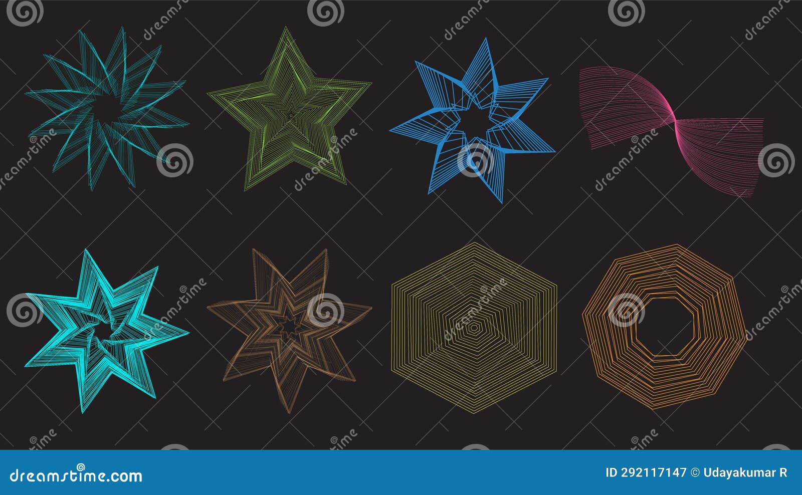 Colorful Different Types of Shapes Dark Background. Stars, Hexagon ...