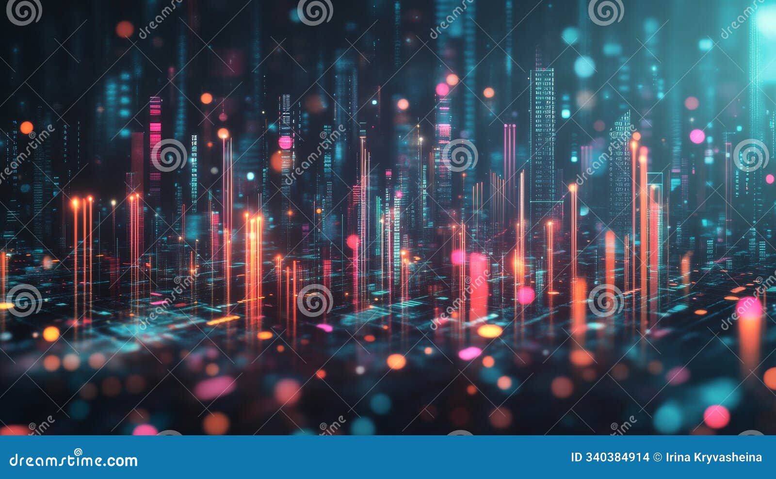 Colorful Digital City Skyline with Vibrant Lights and Abstract Patterns ...