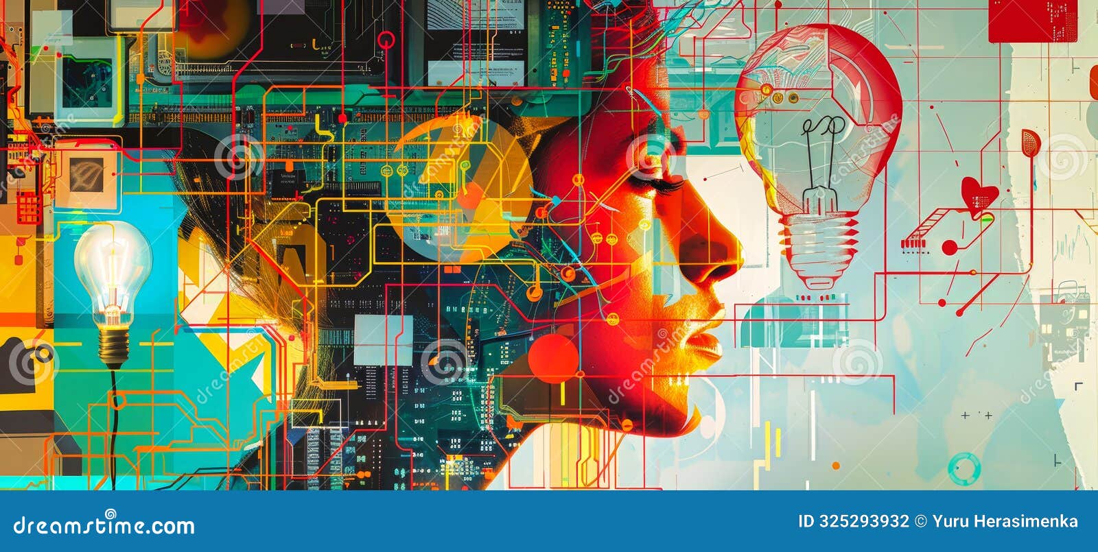 A Colorful Digital Collage Depicting a Human Face Merged with ...