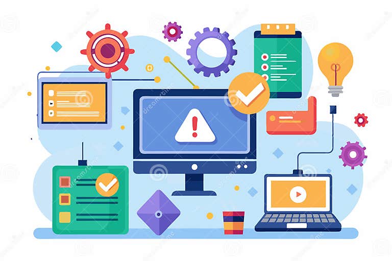 A Colorful Digital Illustration Showing Various System Errors on a ...