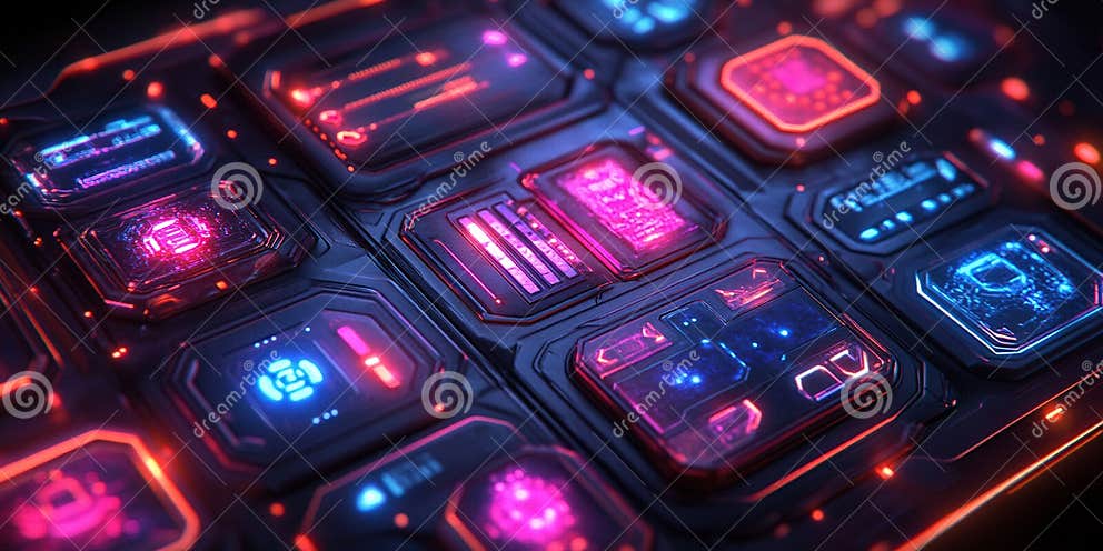 Colorful Digital Interface with Glowing Buttons and Patterns in a ...