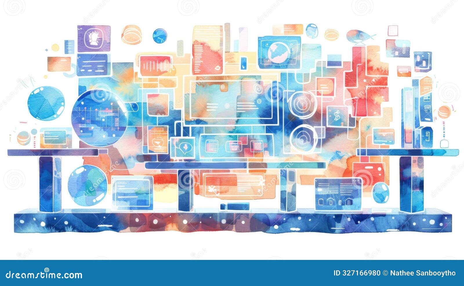 Colorful Digital Technology Watercolor Illustration Stock Illustration ...