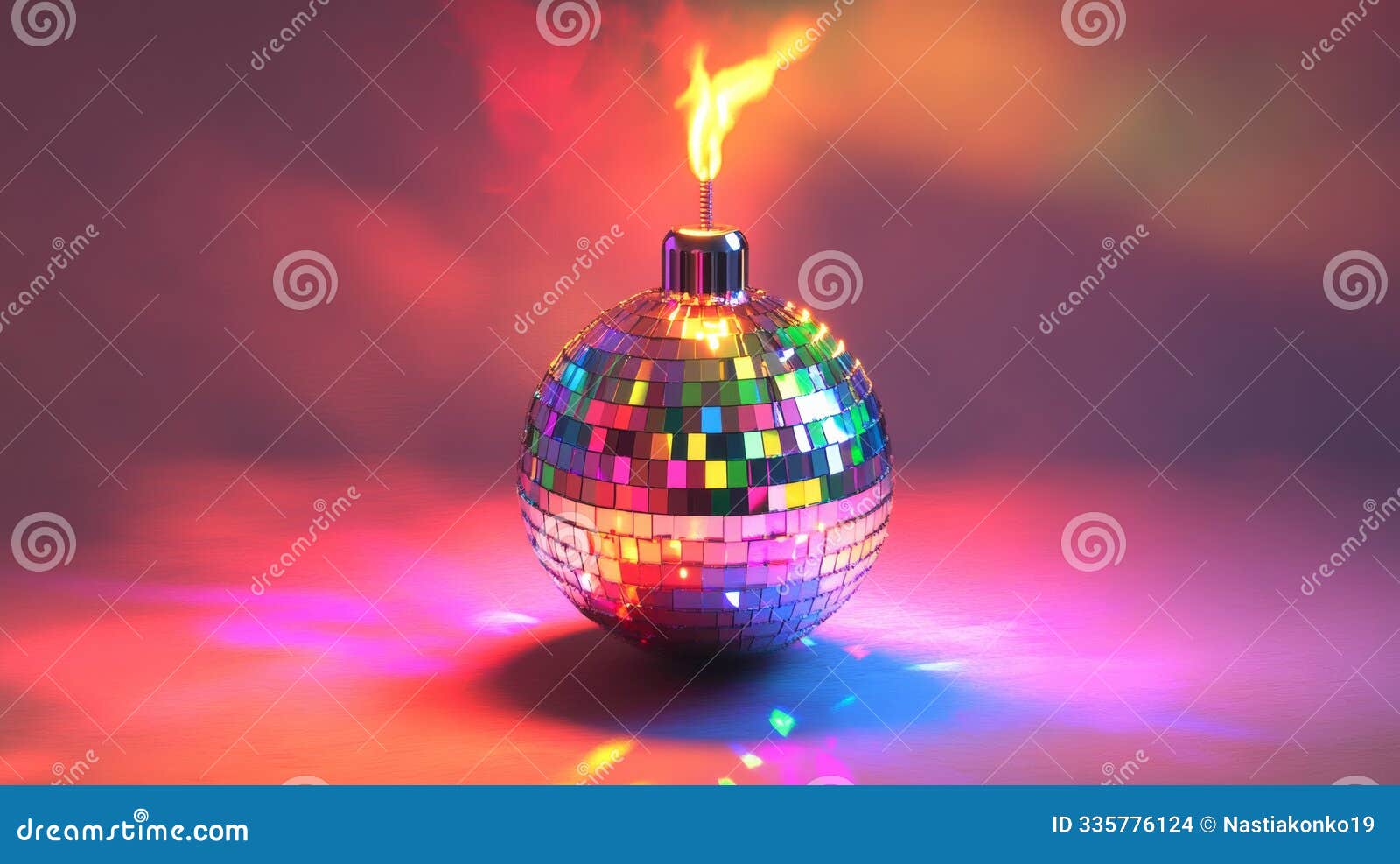Colorful Disco Ball with Flame on Top, Vibrant Light Reflection. Retro ...