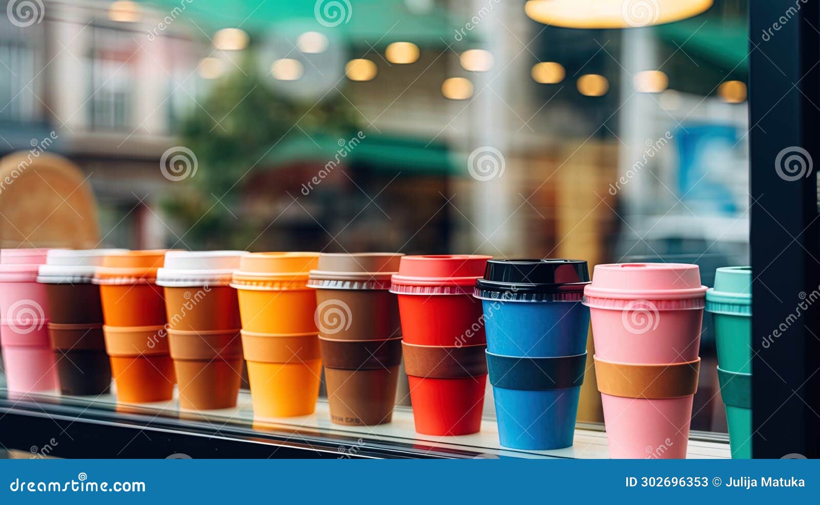 Colorful Disposable Cups with Coffee in a Coffee Shop Window Stock ...