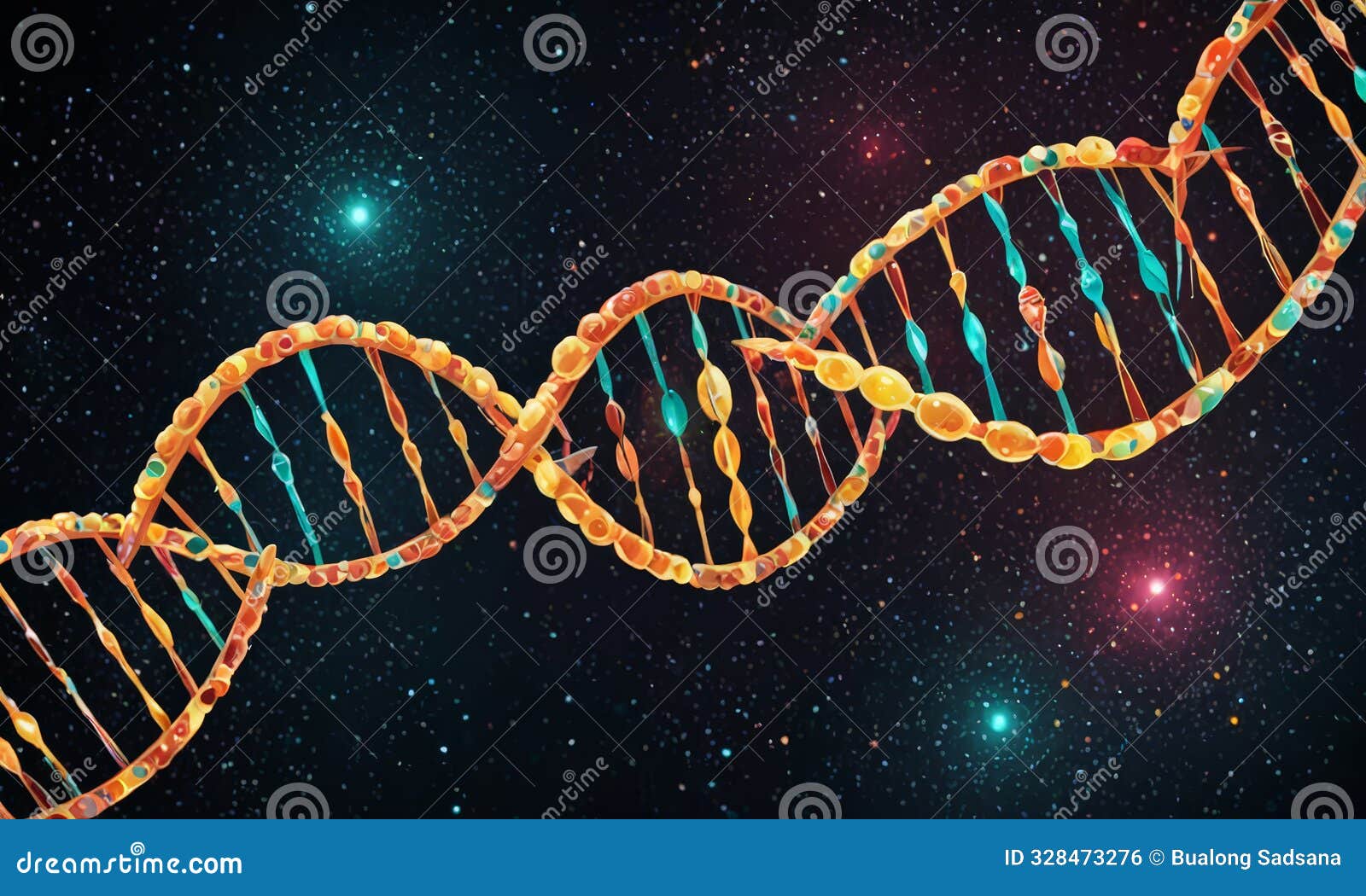 Colorful DNA Double Helix, with Starry Background and Three Small Dots ...