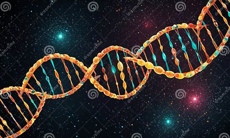 Colorful DNA Double Helix, with Starry Background and Three Small Dots ...