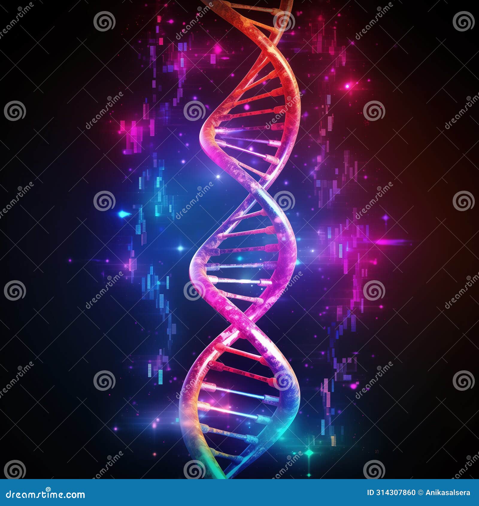 Colorful DNA Strand with Neon Glow Effect on Dark Technological ...