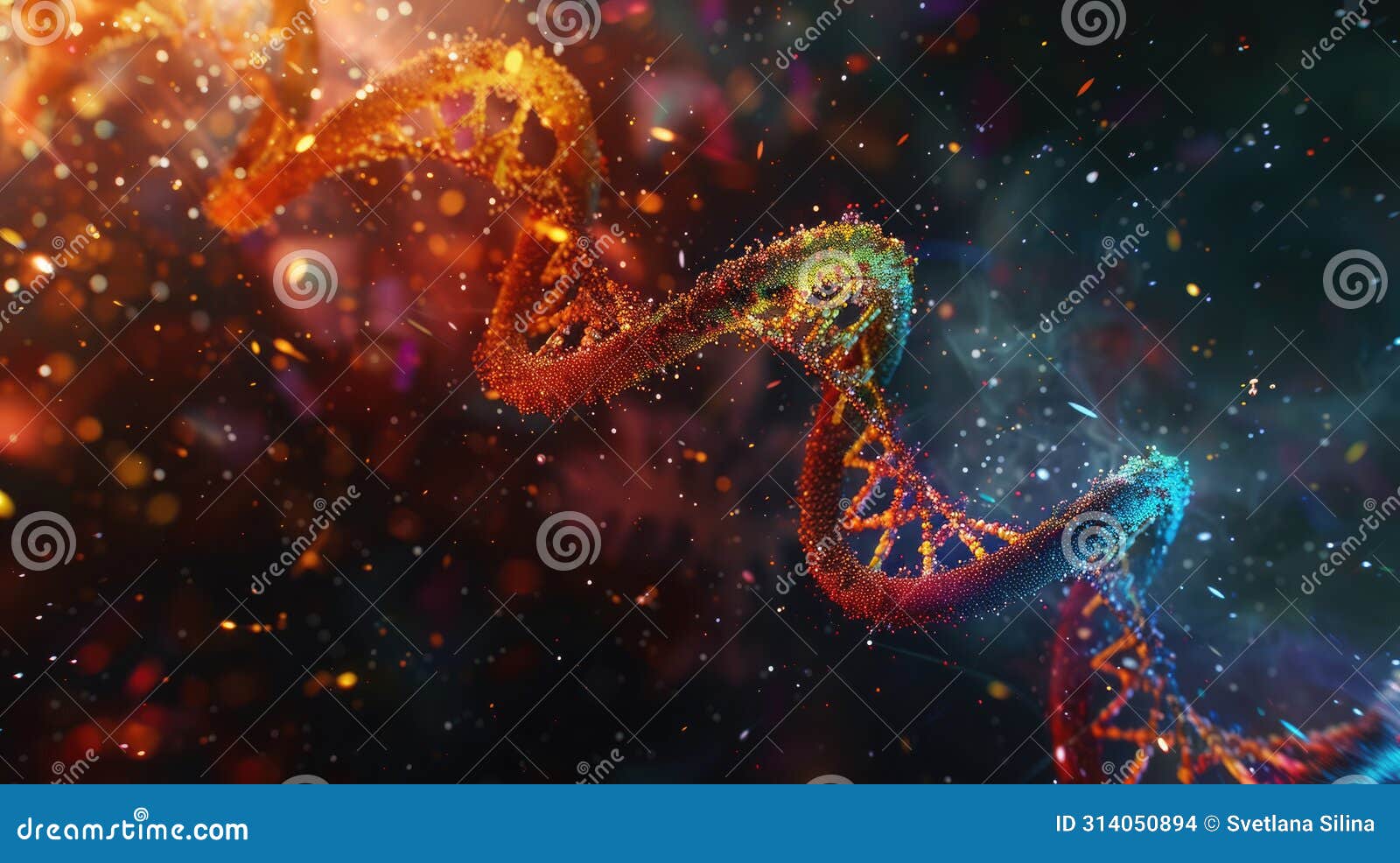 Colorful DNA Strands Float in Darkness, Depicting Genetic Code S ...