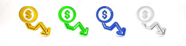 Colorful Dollar Rate Decrease Icon Isolated on White Background. Cost Reduction. Money Symbol ...