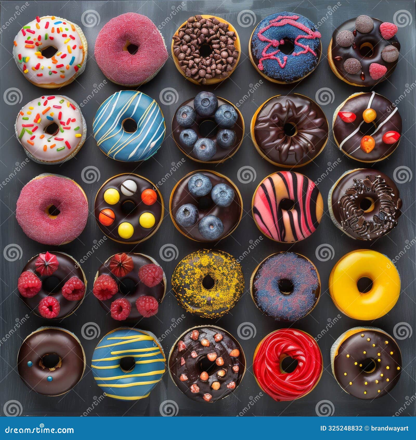 Colorful Donuts Arranged in a Grid on a Grey Surface Stock Illustration ...