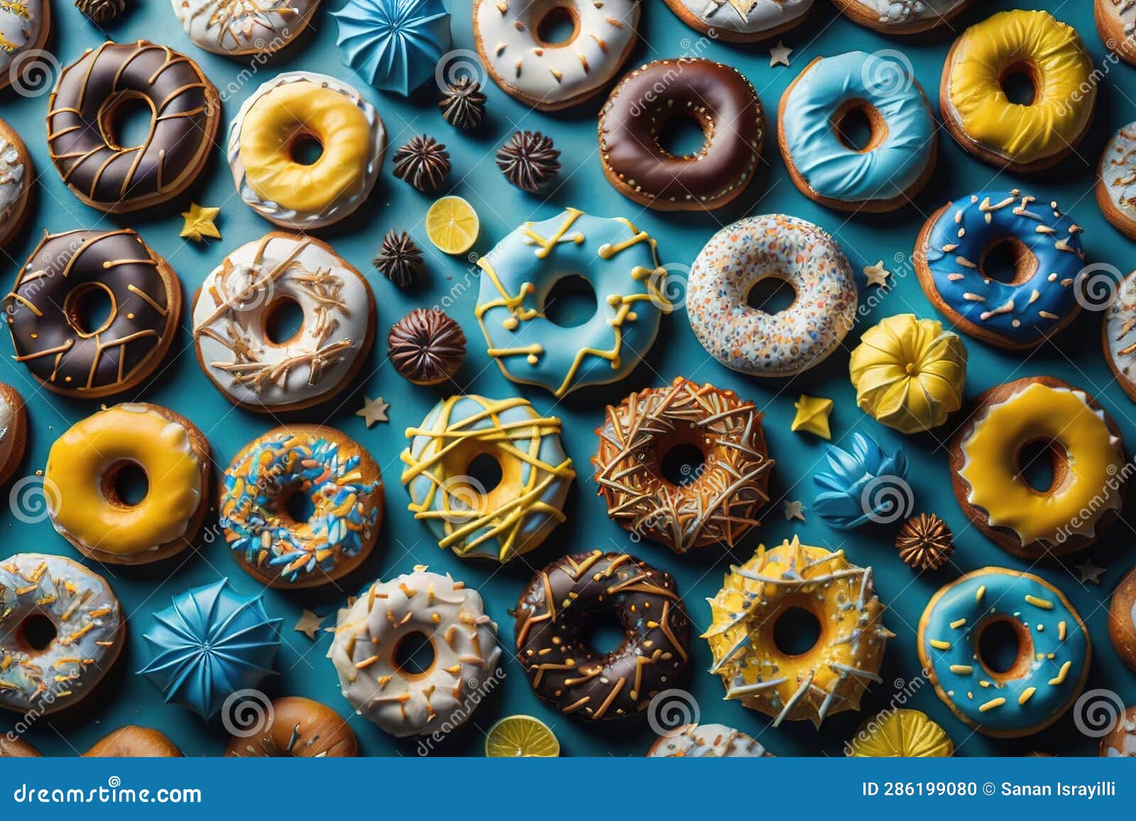 Colorful Donuts on Blue Background. Top View. Flat Lay Stock Photo ...