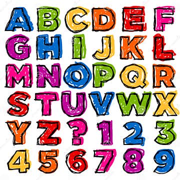 Colorful Doodle Alphabet and Numbers Stock Vector - Illustration of ...