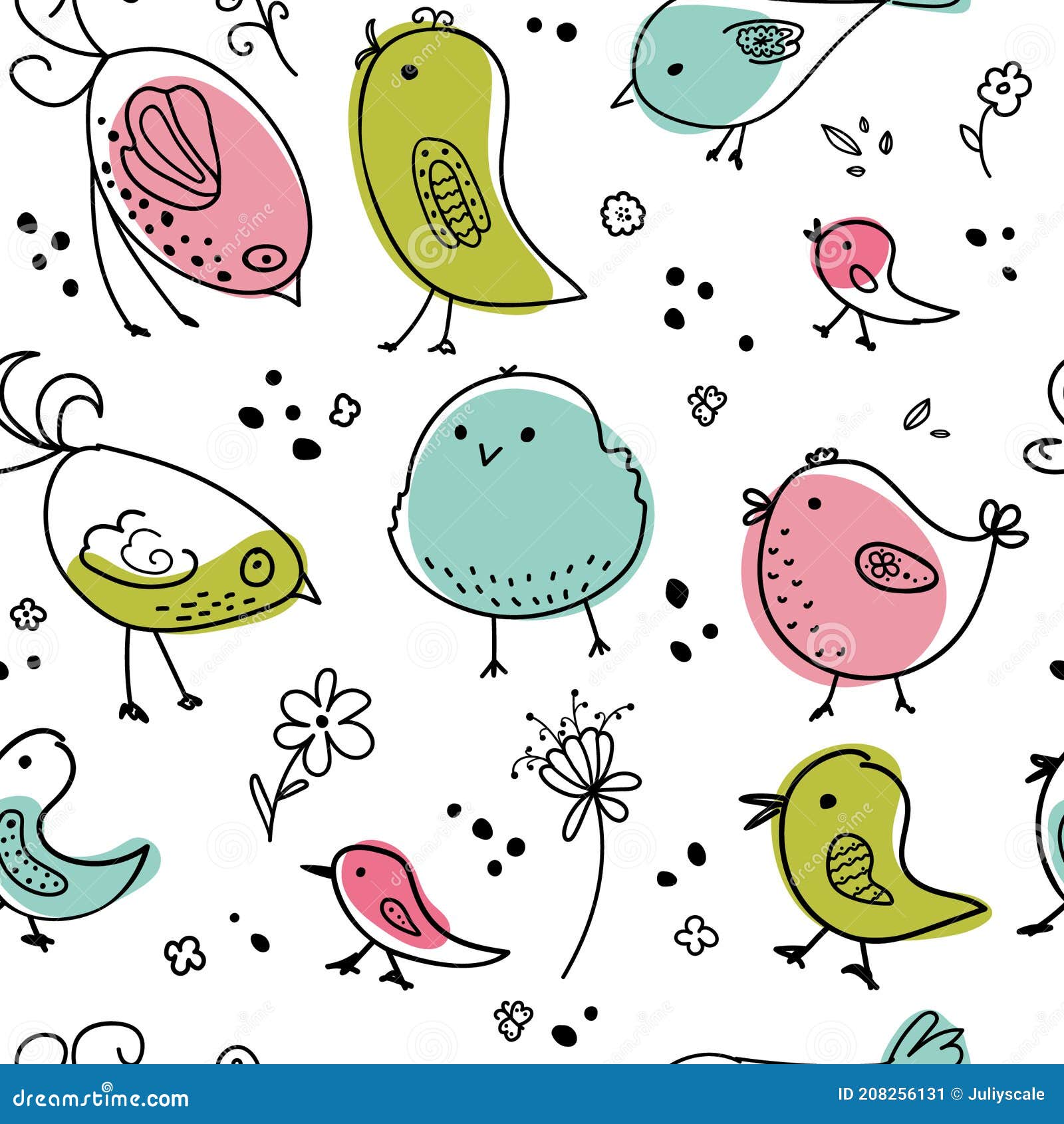 Colorful Doodle Bird Seamless Pattern. Vector Illustration Stock Vector ...